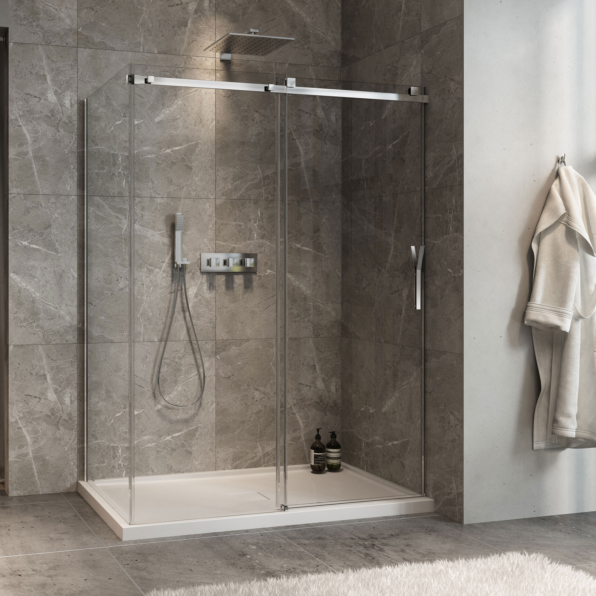 Shower door 60" x 36", in a corner closing on wall, wall on the right, door on the right, in chrome